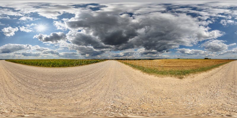 360 Hdri Panorama on Roadside of Gravel Road with Rain Clouds in ...