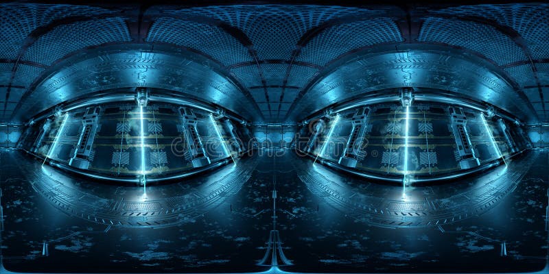 HDRI Panoramic View of Dark Blue Spaceship Interior. High Resolution ...