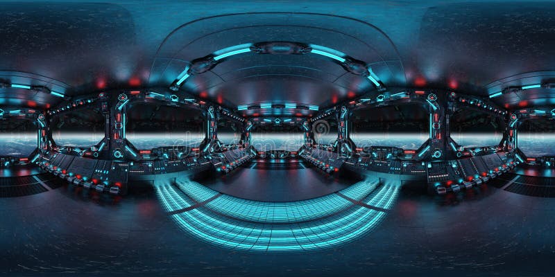 HDRI Panoramic View of Dark Blue Spaceship Interior with Windows. High ...