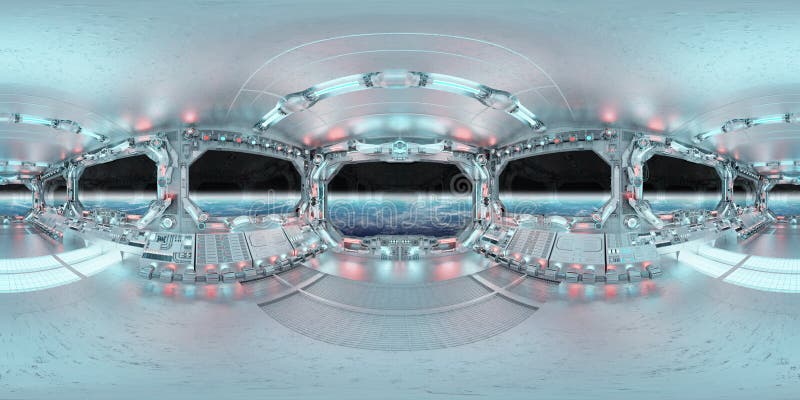 HDRI Panoramic View of White Blue Spaceship Interior with Windows. High ...