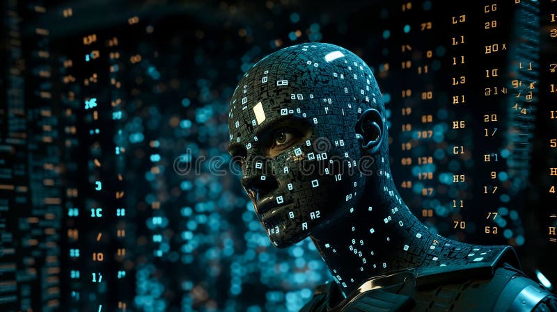 Head of an Android Covered and Surrounded by Digital Computer Matrix ...