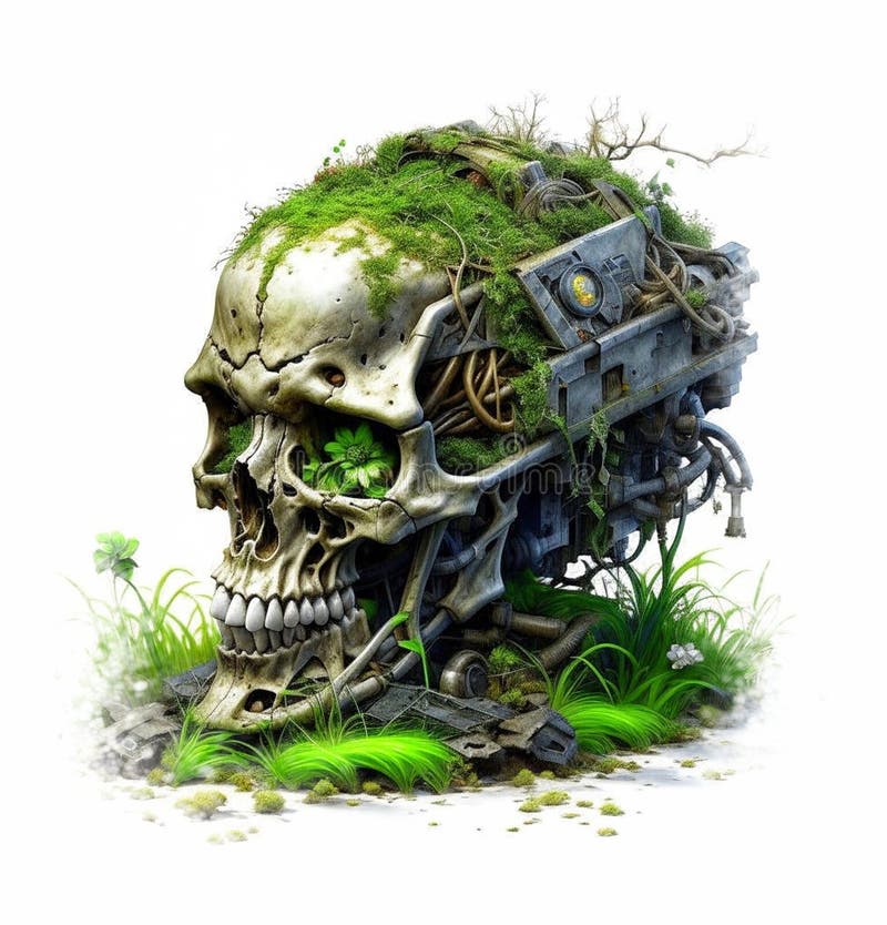 Cyborg Robot Head Overgrown with Grass on a White Isolated Background ...