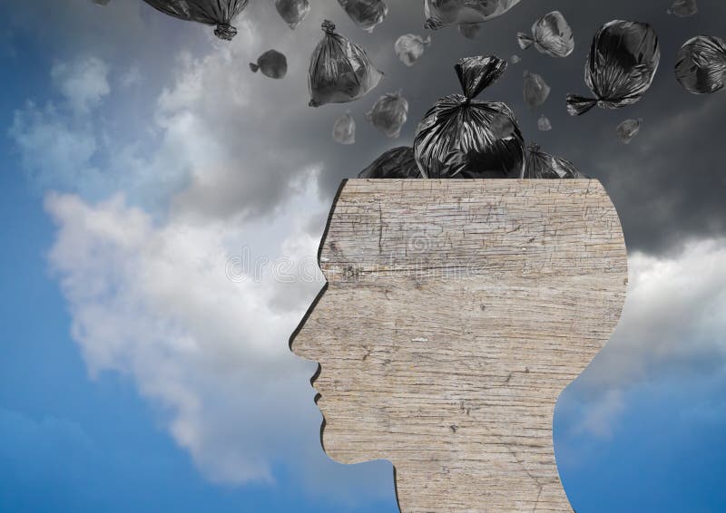 Head As Wooden Dustbin and Falling Garbage Bags Stock Image - Image of ...