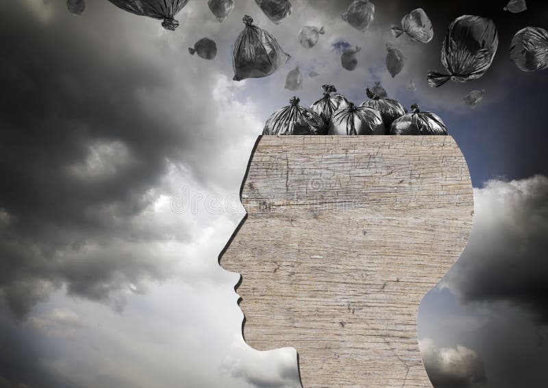 Head As Wooden Dustbin and Falling Garbage Bags Stock Image - Image of ...