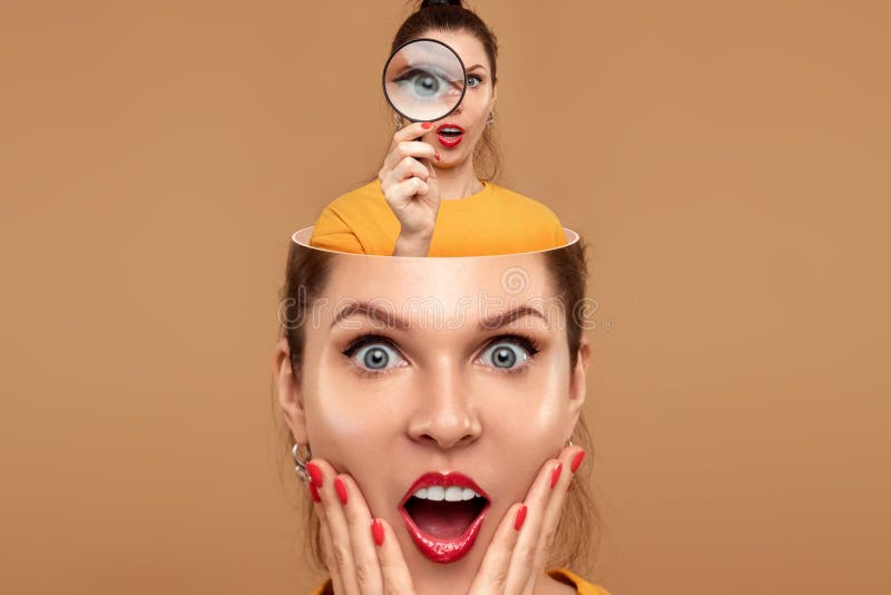 In the Head of a Beautiful Girl, the Brain Stands with a Magnifier ...