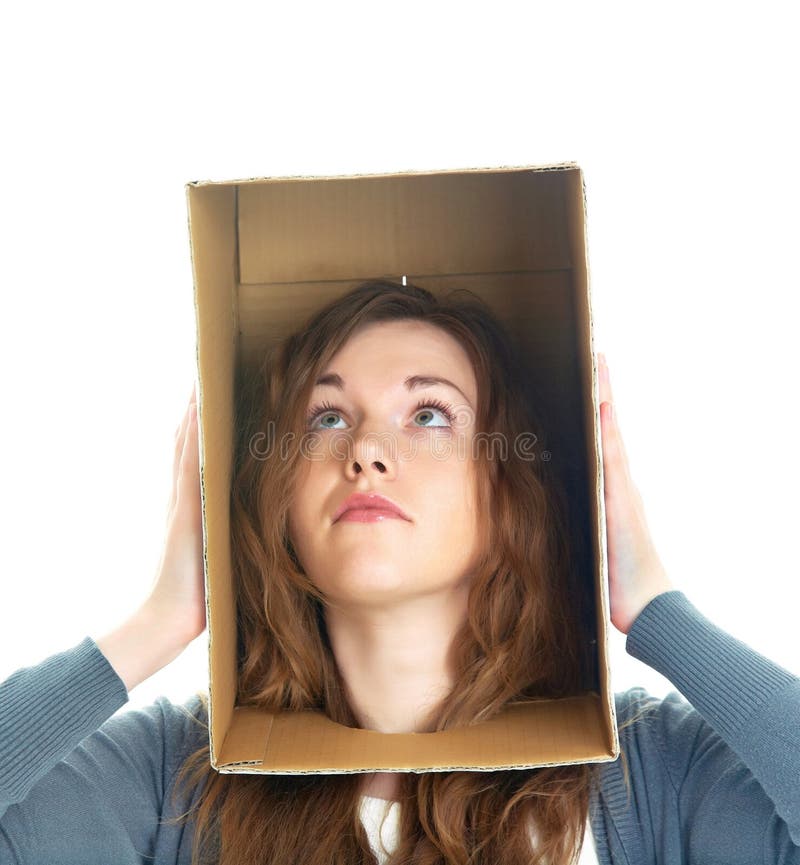 Woman stuck in box stock image. Image of concept, cardboard - 38441591