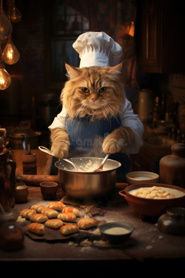 Head Chef Cat Cooking a Meal in the Kitchen. AI Generative Stock ...