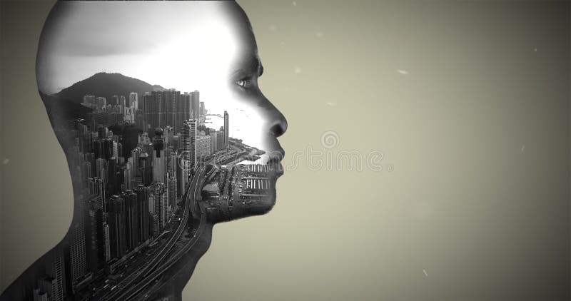 Head, City and Double Exposure of Architecture Mind Thinking Against a ...