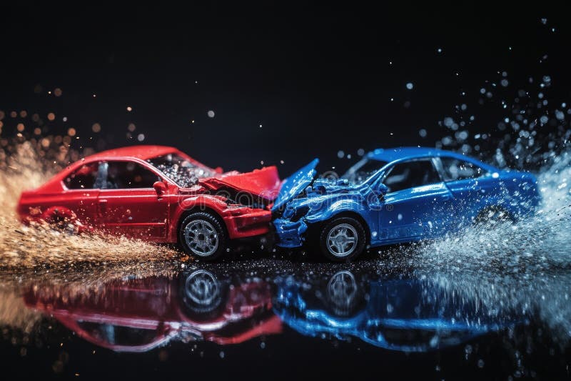 Head on Collision between Blue and Red Cars on a Dark Background a ...