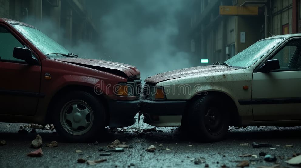 Head-on Collision Impact - Dramatic Detailed Scene of Two Vehicles ...