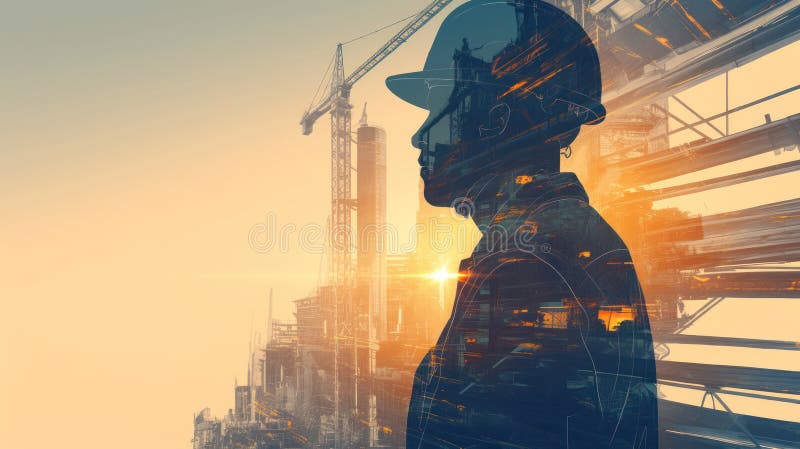 Head of Construction Worker with Digital Elements and Buildings, Fusion ...