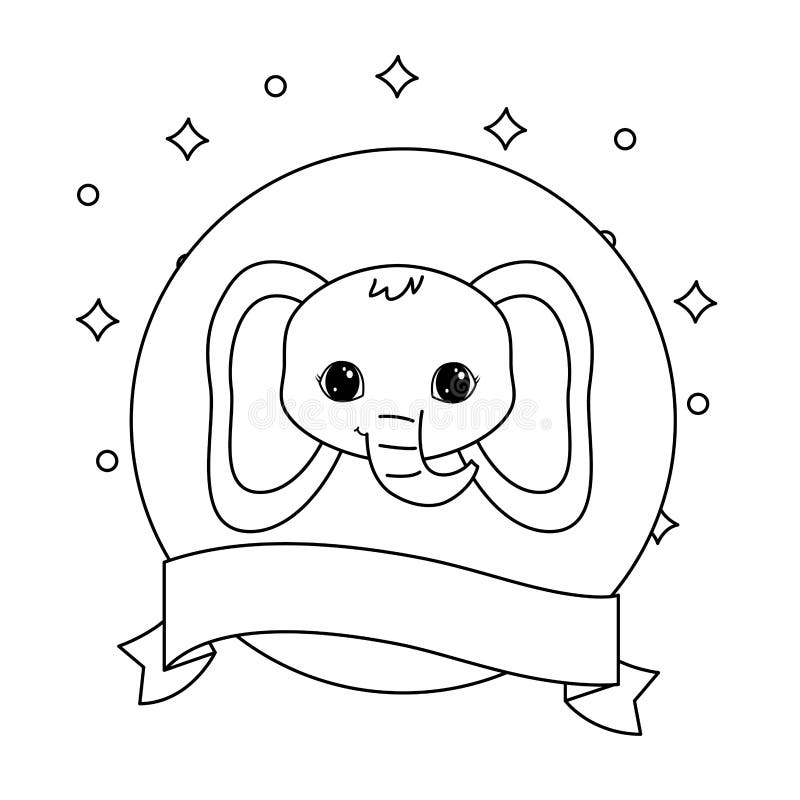 Head of Cute Elephant in Frame Circular with Ribbon Stock Illustration ...