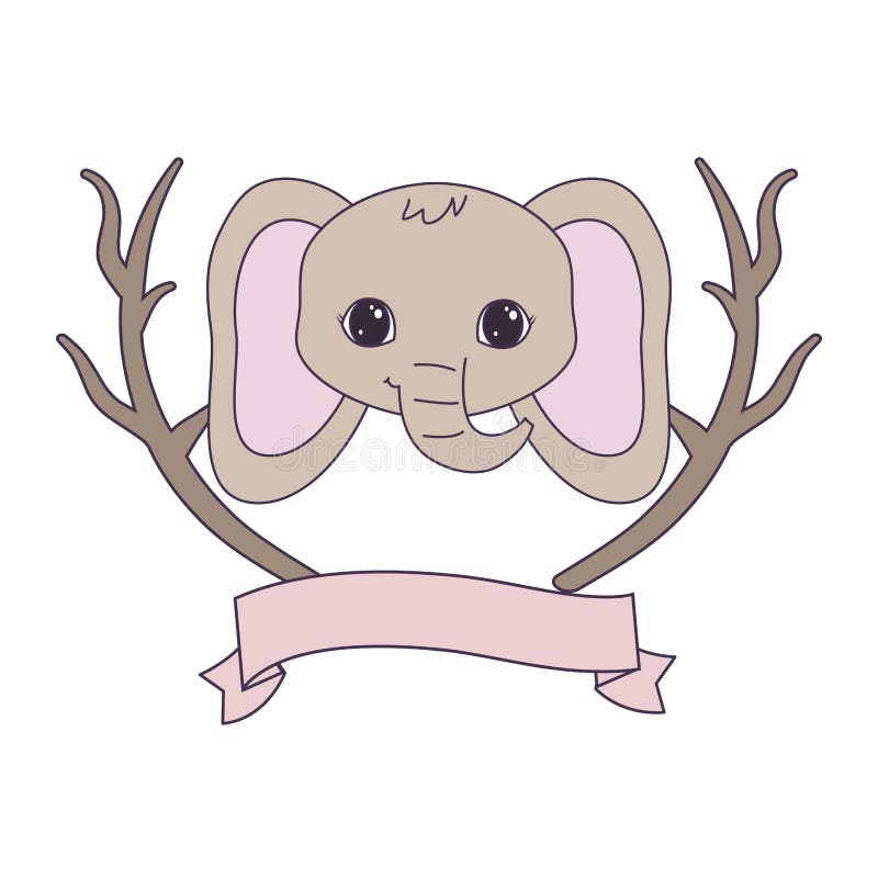 Head of Cute Elephant with Tree Branches and Ribbon Stock Illustration ...