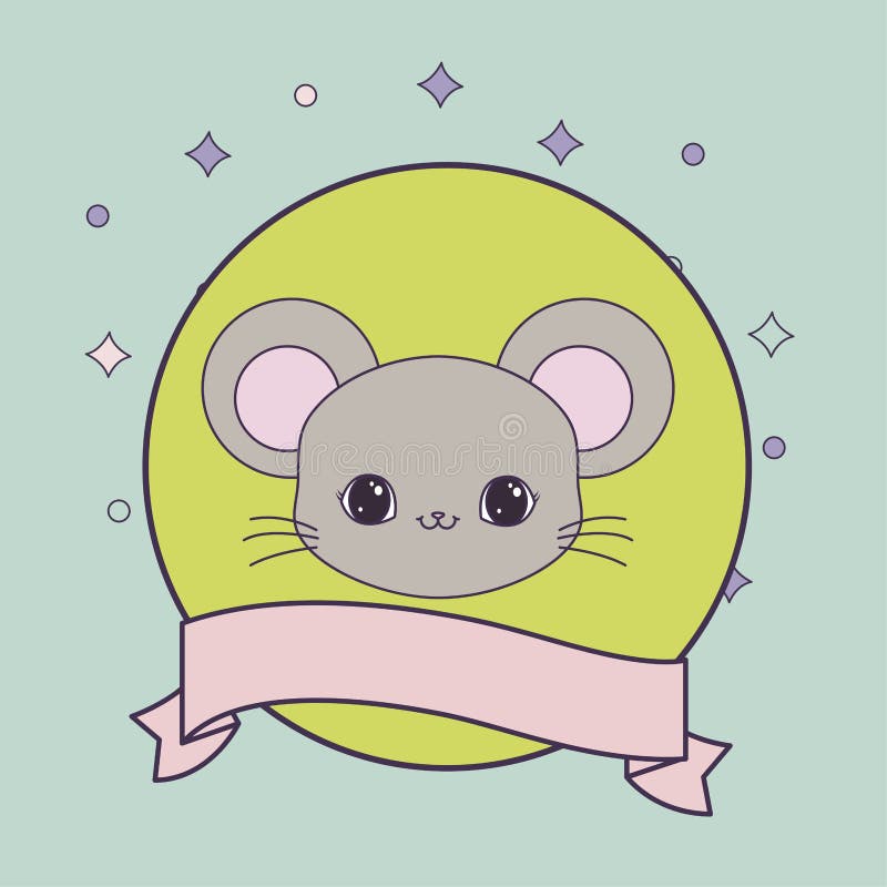 Head of Cute Mouse in Frame Circular with Ribbon Stock Illustration ...
