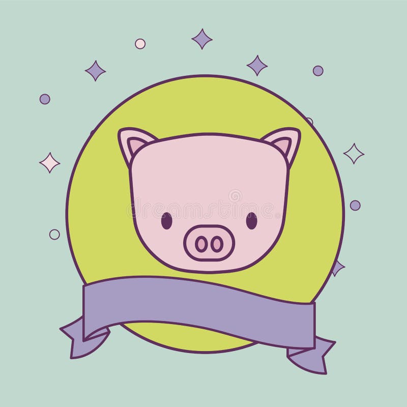 Head of Cute Piggy in Frame Circular with Ribbon Stock Illustration ...