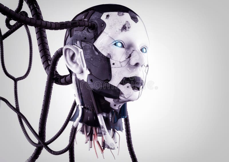 The Head of a Cyborg with Wires on a Gray Background. Stock ...