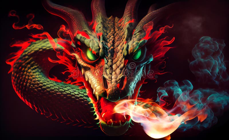 Head of a Dragon with Fire and Flames of Smoke, Generative AI Stock ...