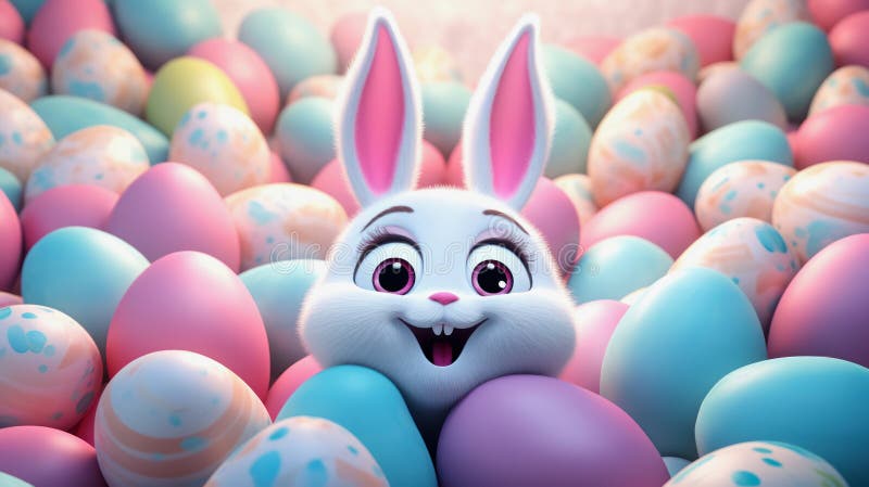 Head of a Female Easter Bunny Looks Out of a Mountain of Easter Eggs ...