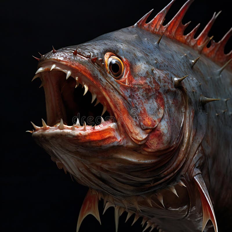 Head of a Fish with Sharp Teeth on a Black Background, Close-up Stock ...