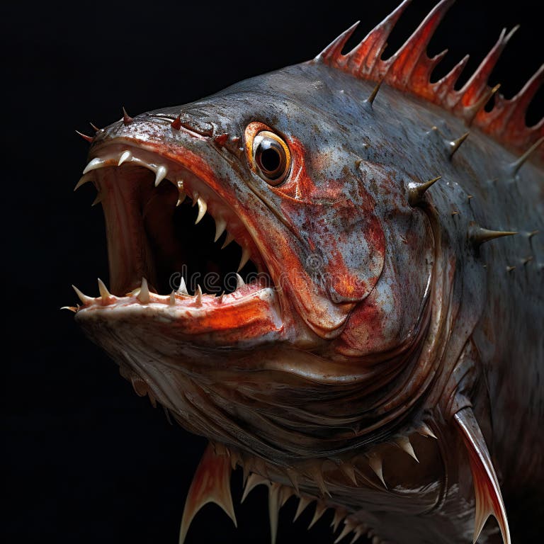 Head of a Fish with Sharp Teeth on a Black Background, Close-up Stock ...