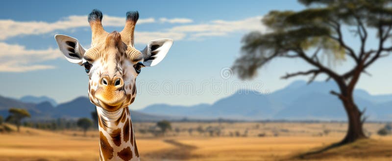 The Head of a Funny Giraffe on the Background of the African Savannah ...