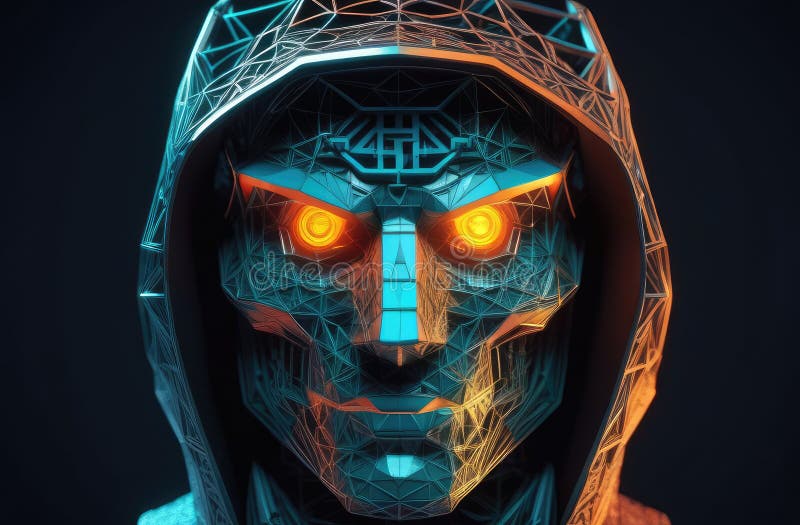 Head of Futuristic Android Metal Robot with Glowing Eyes Looking ...