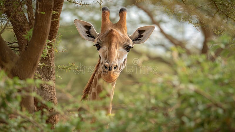 The Head of a Giraffe is Higher Than the Leaves of an Acacia Tree Stock ...