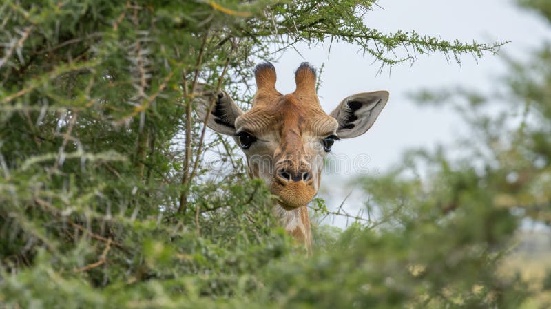 The Head of a Giraffe is Higher Than the Leaves of an Acacia Tree Stock ...