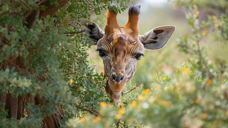 The Head of a Giraffe is Higher Than the Leaves of an Acacia Tree Stock ...