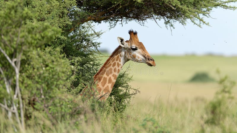 The Head of a Giraffe is Higher Than the Leaves of an Acacia Tree Stock ...