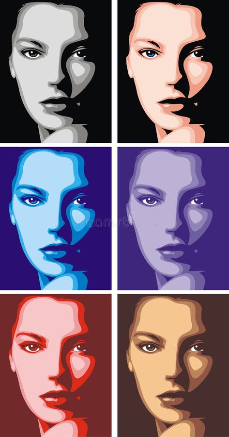 Head of Girl in Different Colors Stock Vector - Illustration of black ...