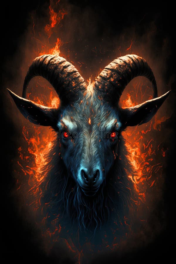 Head of a Goat with Horns and Fire on a Black Background. Stock ...