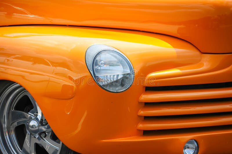 Head Lamp of Orange Classic Pick Up Front Side View Stock Photo - Image ...