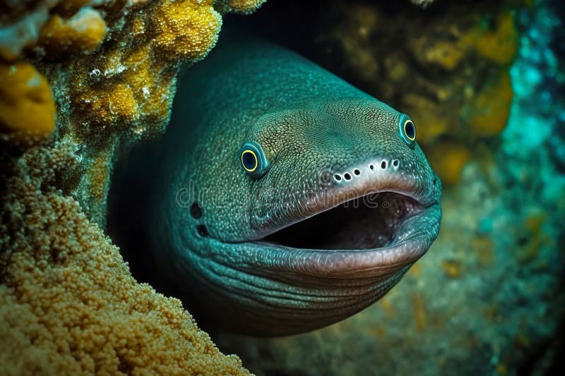 Head of Large Predatory Moray Eel Sticks Out of Small Hidden Cave Stock ...