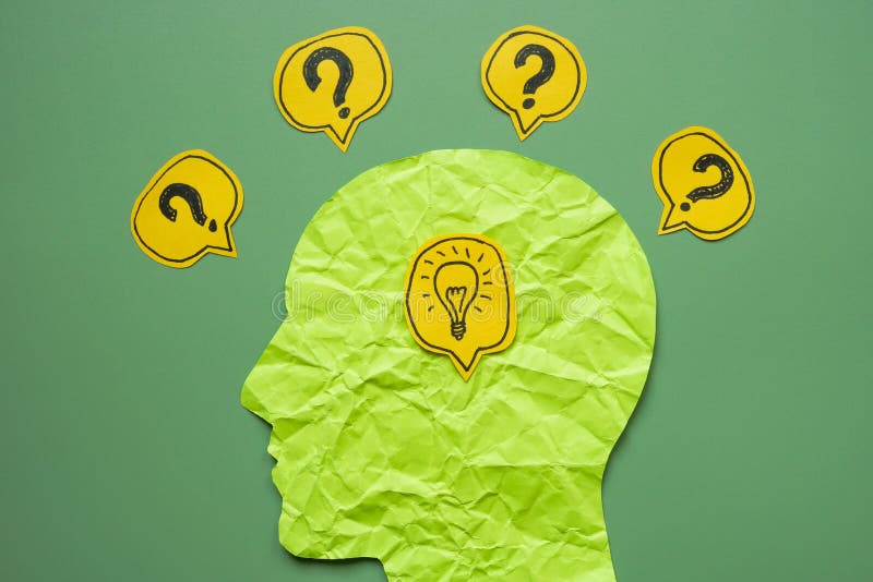 Head with Light Bulb and Question Marks Around. Ideas and Creativity ...