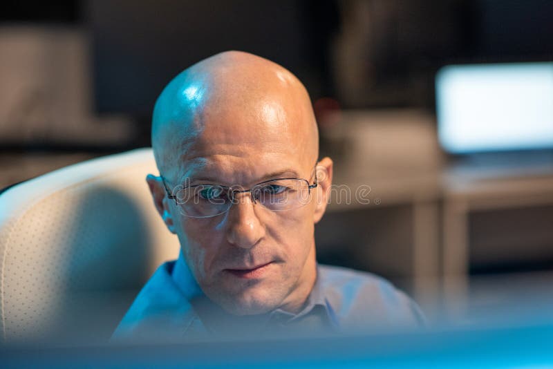 Mature Bald Lawyer or Head of Juridical Company Standing in Front of ...