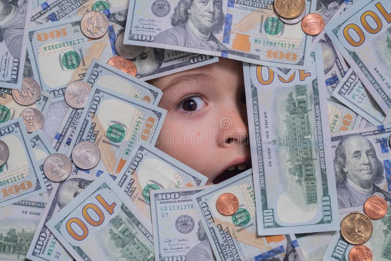 Head in Money. Fun Kid Face on Dollars Money. Stock Image - Image of ...