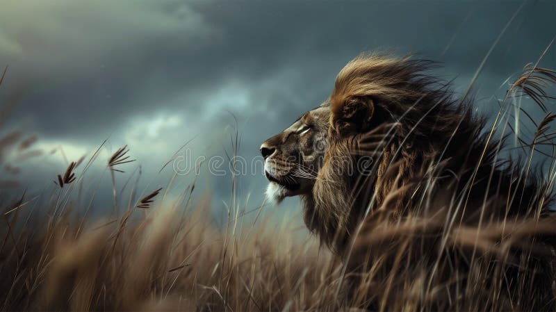 Head of Powerful Male Lion with Large Mane in the Wind among Tall Dry ...