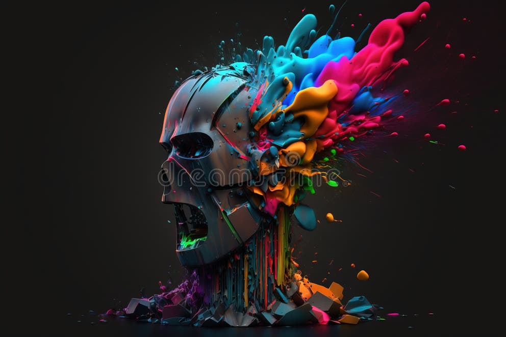 Head of a Robot is Exploding with Splash of Colours. Generative AI ...