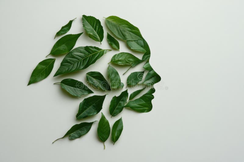 A Head Shape Formed from Green Leaves, with Several Leaves Beginning To Float Away, Representing ...