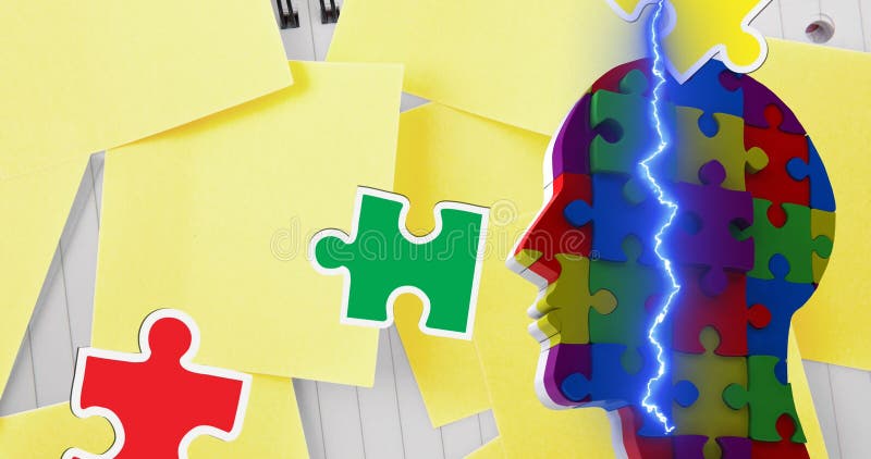 A Head Shaped Like a Colorful Puzzle Piece with Big Yellow Sticky Notes ...