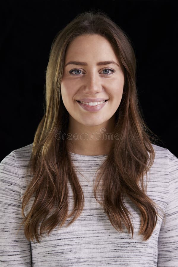 Close Up Head and Shoulders Studio Portrait of Smiling Woman Stock ...