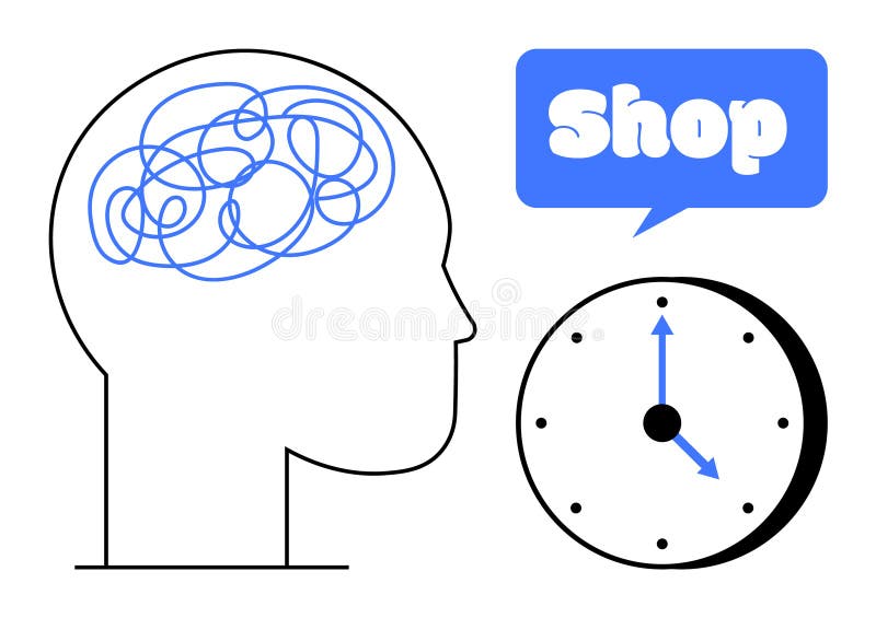 Head with Thoughts, Clock, and Speech Bubble with Shop Text Stock ...