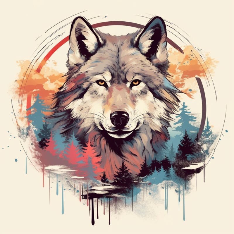 The Head of a Wolf on a White Background with Double Exposure. Retro ...