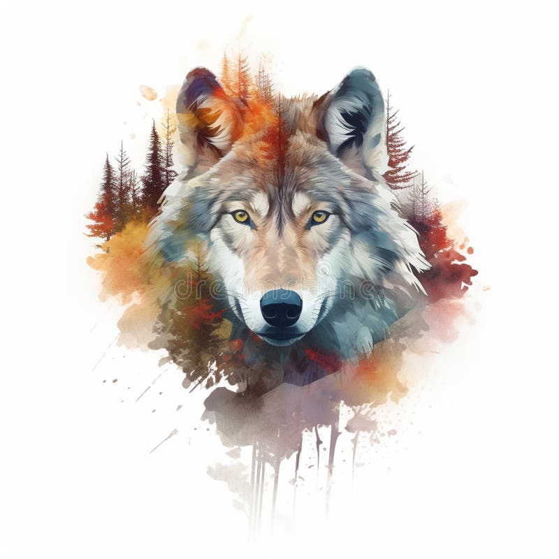 The Head of a Wolf on a White Background with Double Exposure. Retro ...