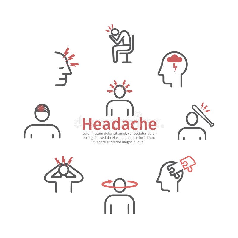 Headache Banner. Line Icons. Symptoms. Vector Signs for Web. Stock ...