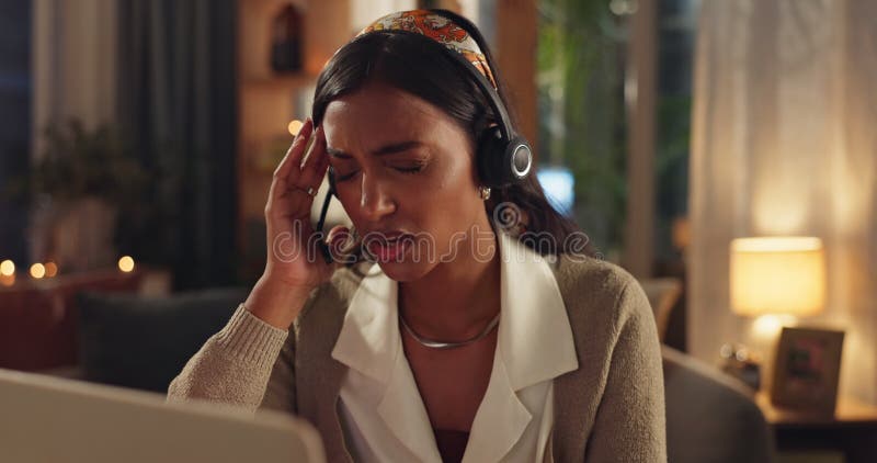 Headache Burnout And Exhausted Indian Woman In Call Center Overwhelmed