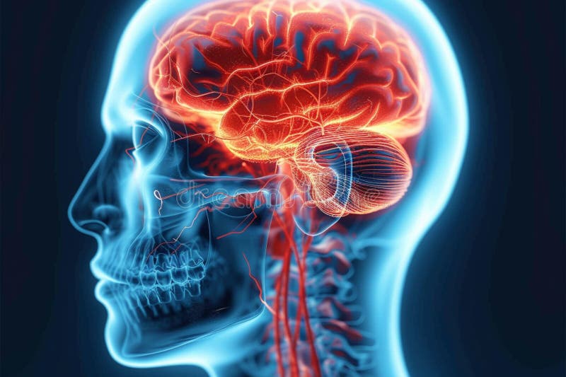 Headache Concept X Ray Image of Blue and Red Brained Head Stock ...