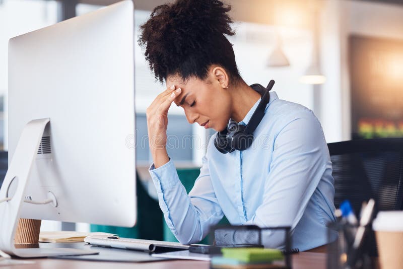 Headache, Customer Support and Black Woman with Stress in Crm Service ...