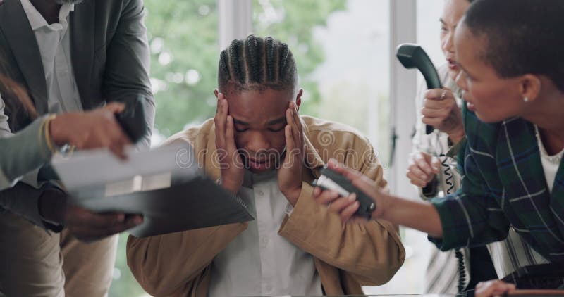 Headache Stress And Black Man With Office Chaos Burnout And Deadline